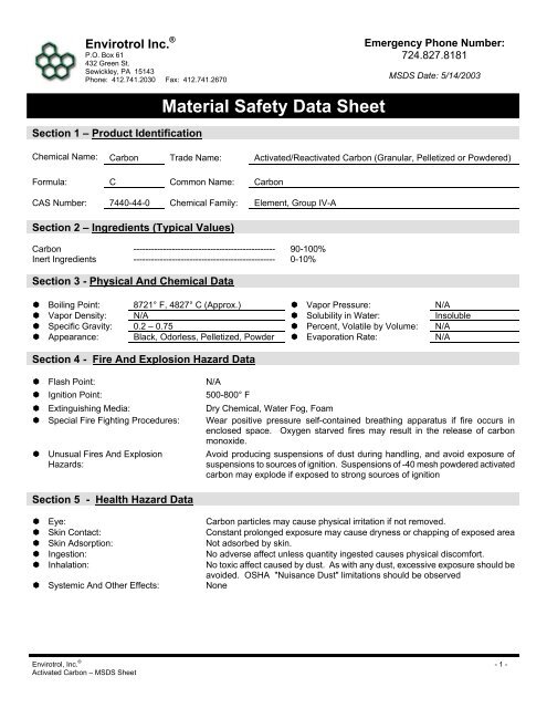 Activated Carbon MSDS - Provided by Envirotrol.com - Siemens