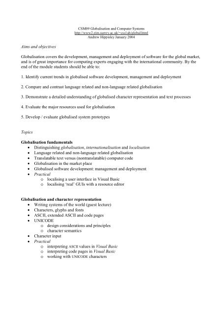 Aims and objectives Globalisation covers the development ...