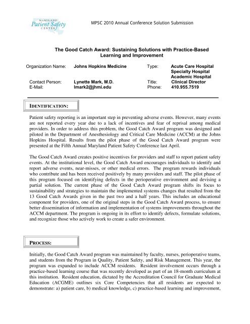 The Good Catch Award - Maryland Patient Safety Center