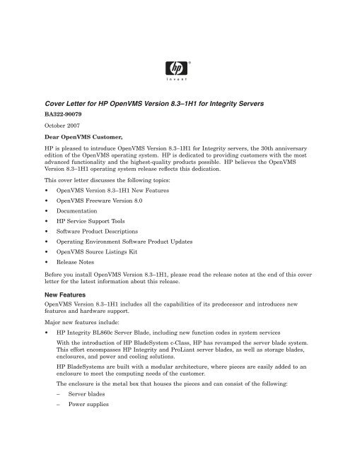 Cover Letter for HP OpenVMS Version 8.3â 1H1 for Integrity Servers