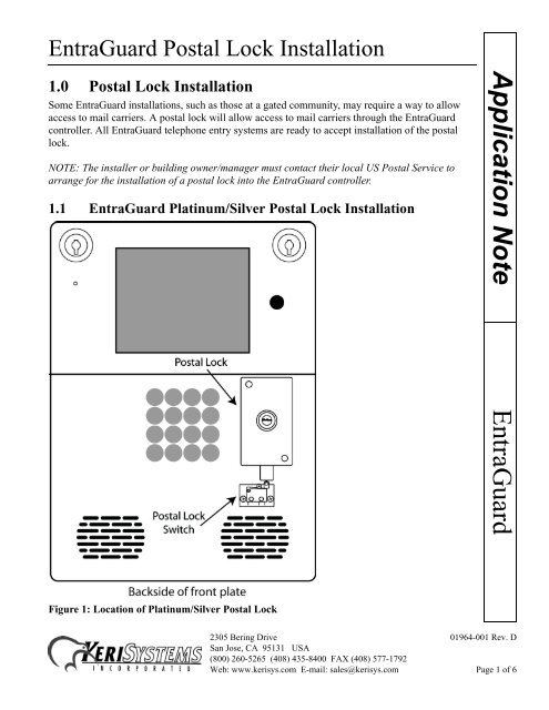 Entraguard Postal Lock Installation Application Note - Keri Systems