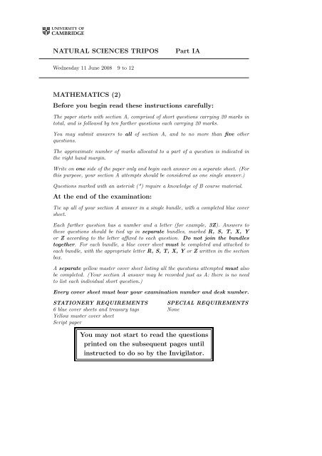 NATURAL SCIENCES TRIPOS Part IA MATHEMATICS (2) Before ...