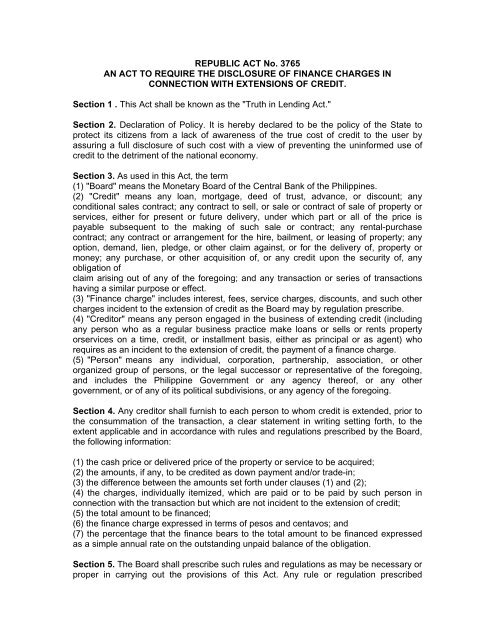 Truth in Lending Act (R.A. 3765) - Planters Development Bank