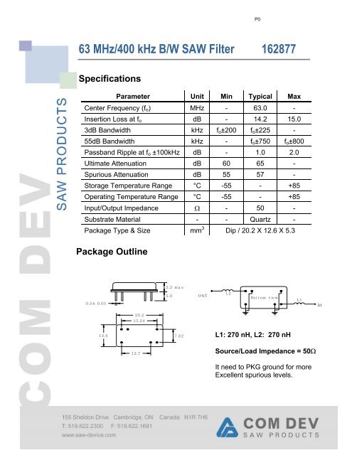 63 MHz/400 kHz B/W SAW Filter 162877 Specifications