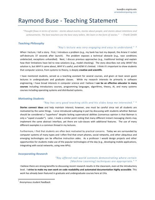 Raymond Buse - Teaching Statement - ArrestedComputing