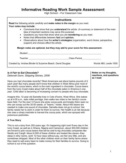 Informative Reading Work Sample Assessment