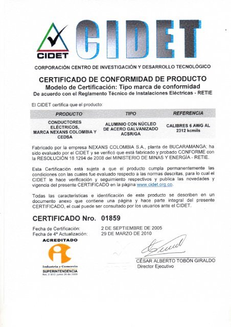 Tipo marca de conformidad CERTIFICADO Nro. 01859