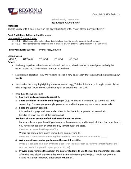 School Ready Lesson Plan Read Aloud: Knuffle Bunny ... - Region 13