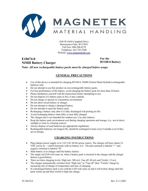 Telemotive JLTX Battery Charger General Precautions - Magnetek