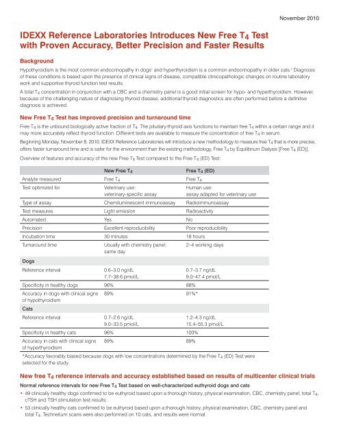 IDEXX Reference Laboratories Introduces New Free T4 Test with ...