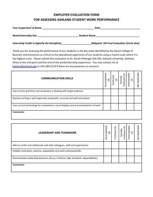 2010 Employer Evaluation Form for Internship and Work Experience