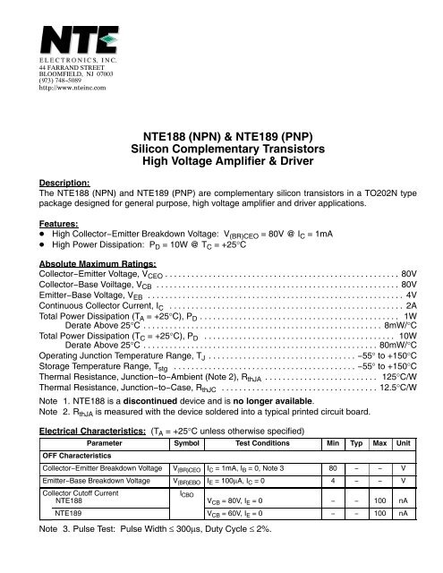 NTE188 (NPN) & NTE189 (PNP) Silicon Complementary Transistors ...