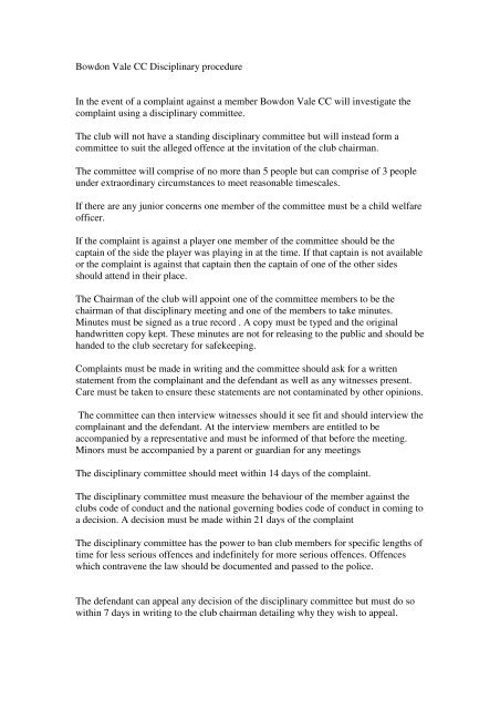 to see Disciplinary Procedure - Bowdon Vale Cricket Club