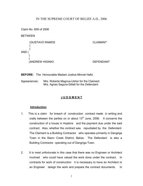Supreme Court Claim No. 609 of 2006 - Belize Law