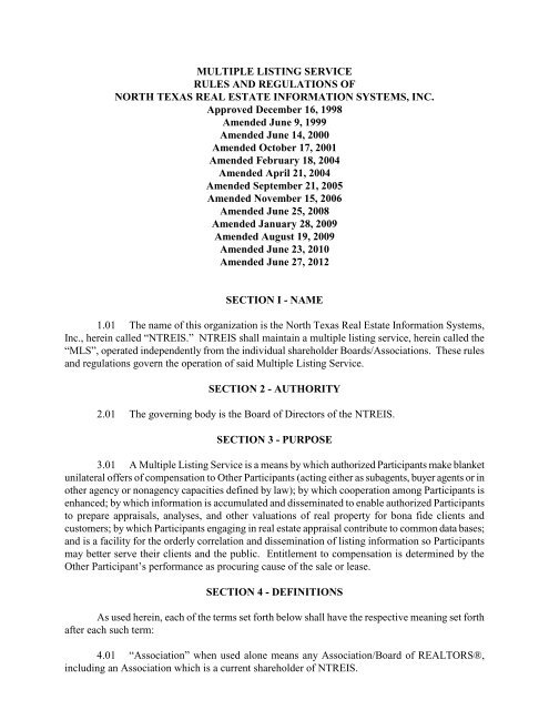 MULTIPLE LISTING SERVICE RULES AND ... - NTREIS