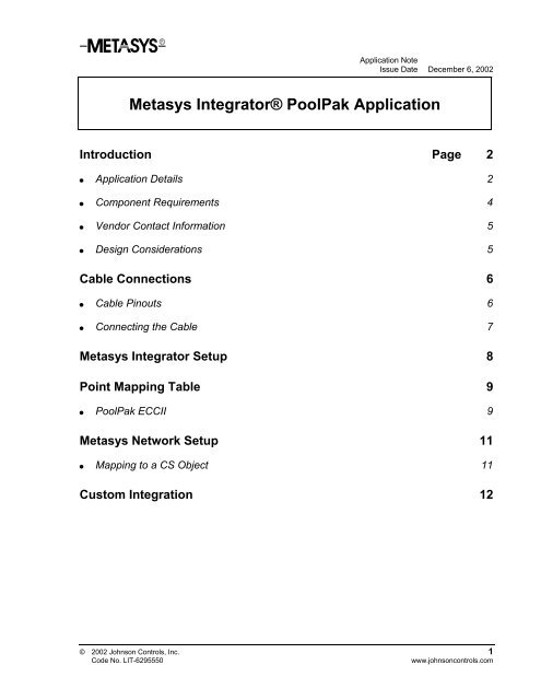 Metasys Integrator PoolPak Application ... - Johnson Controls