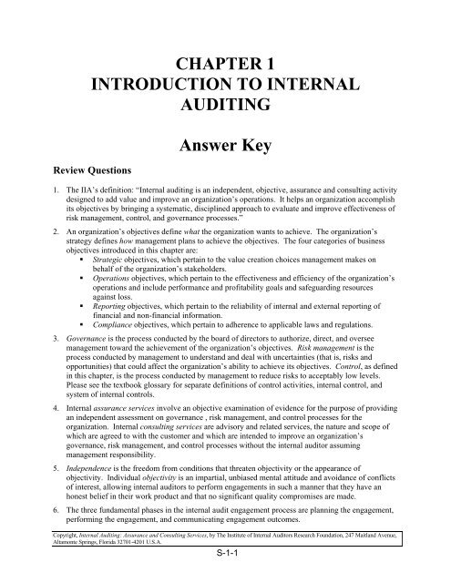 CHAPTER 1 INTRODUCTION TO INTERNAL AUDITING Answer Key CHAPTER 1 INTRODUCTION TO INTERNAL AUDITING Answer Key