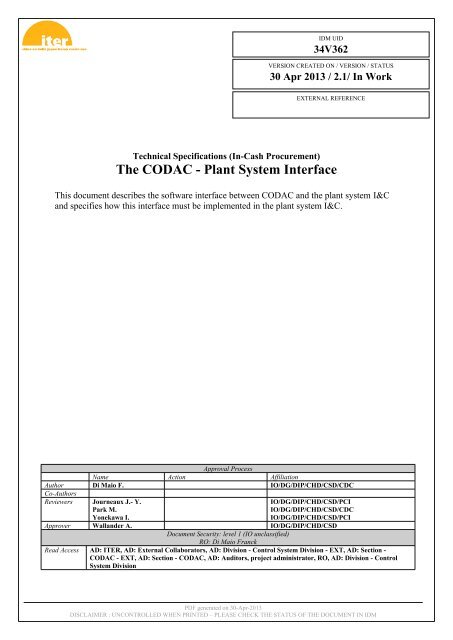 The CODAC - Plant System Interface - Iter