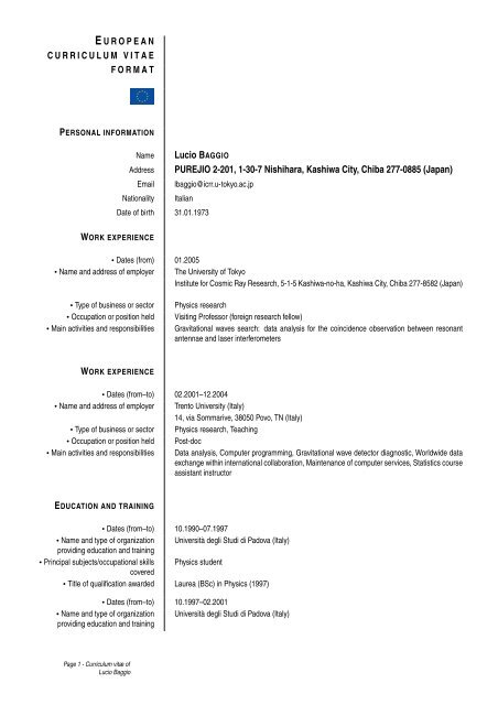 EUROPEAN CURRICULUM VITAE FORMAT Lucio BAGGIO ...