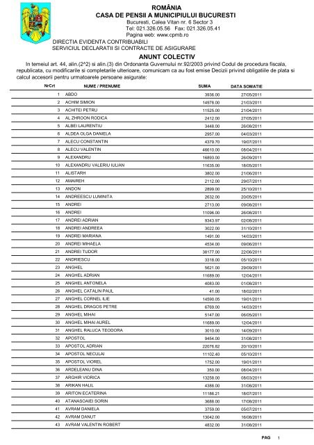 Lista debitorilor asigurati cu declaratie de asigurare sociala ...