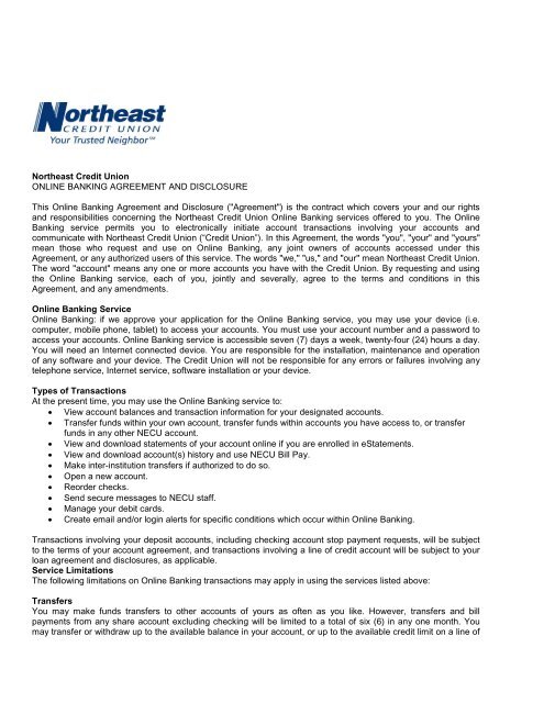 Northeast Credit Union ONLINE BANKING AGREEMENT AND ...