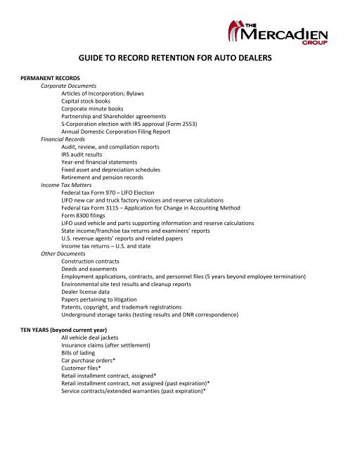 GUIDE TO RECORD RETENTION FOR AUTO DEALERS (continued)