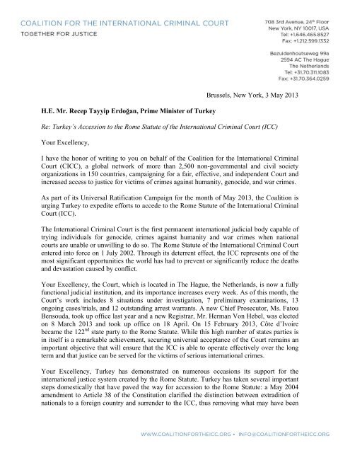 Letter to Prime Minister of Turkey - Coalition for the International ...