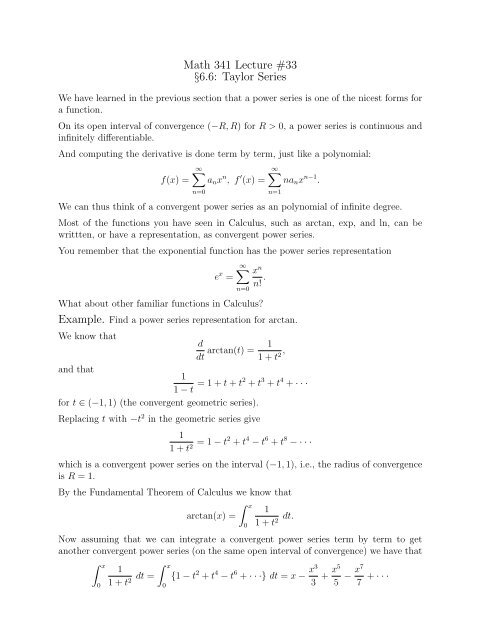 Math 341 Lecture #33 Â§6.6: Taylor Series