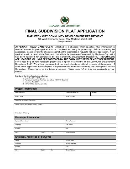 residential development and subdivision checklist - City of Mapleton