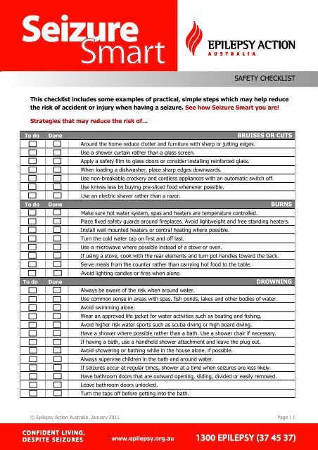 Seizure Smart safety checklist - Epilepsy Action Australia