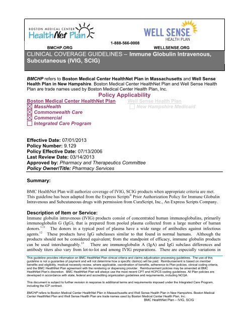 IVIG, SCIG - BMC HealthNet Plan