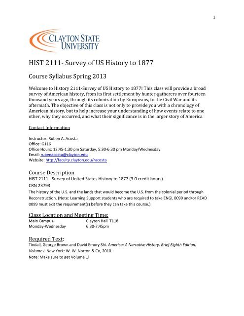 Survey of US History to 1877 - Faculty > Home - Clayton State ...