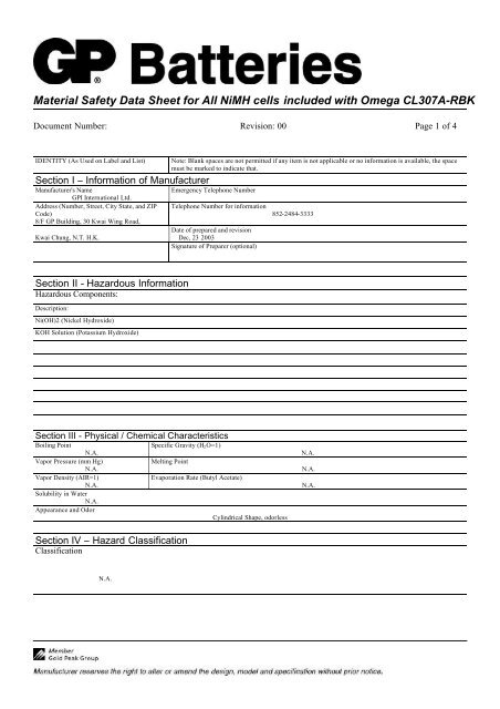 Beamex Nimh Battery Msds Sheet