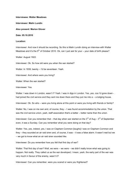 Interview with Walter Meadows - Memories of War