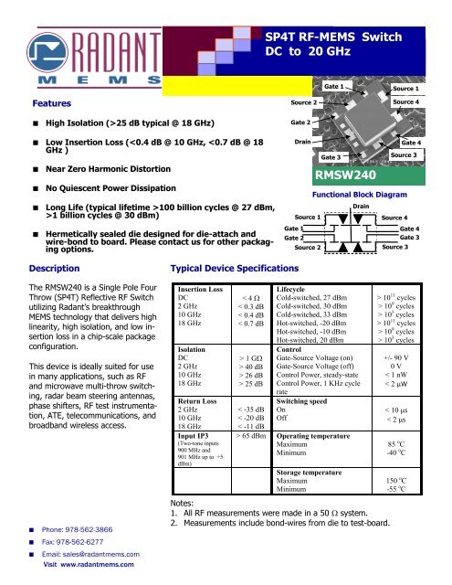 SP4T RF-MEMS Switch DC to 20 GHz RMSW240 - Radant MEMS