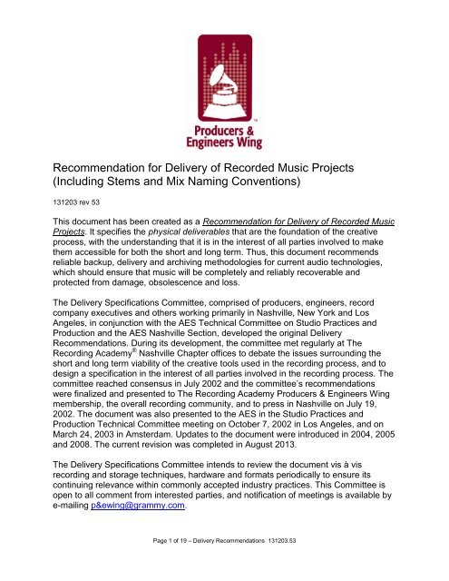 Recommendation for Delivery of Recorded Music Projects - Grammy