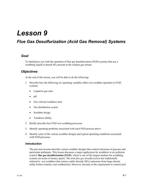 Lesson 9 Flue Gas Desulfurization (Acid Gas Removal) Systems