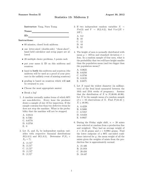 Statistics 13: Midterm 2
