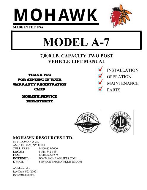 MODEL A-7 - Mohawk Lifts