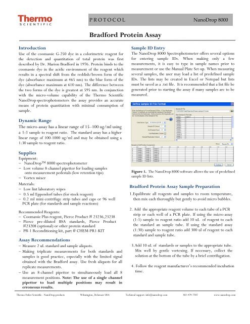 Bradford Protein Assay Protocol For The Nanodrop 8000