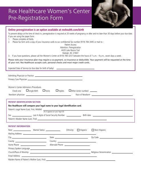 Rex Healthcare Women's Center Pre-Registration Form