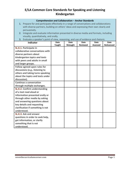 Speaking and Listening - The Curriculum Corner