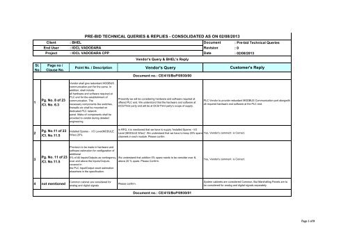 Vendor's Query Customer's Reply PRE-BID TECHNICAL QUERIES ...