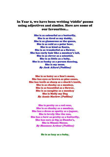 In Year 2, we have been writing 'riddle' poems using adjectives and ...