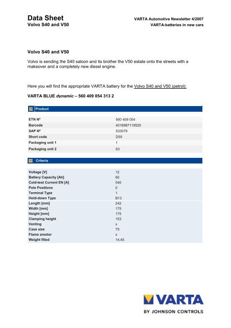 Data Sheet - VARTA Automotive PartnerNet