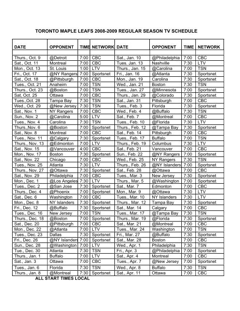toronto maple leafs 2008-2009 regular season tv schedule toronto maple leafs 2008-2009 regular season tv schedule