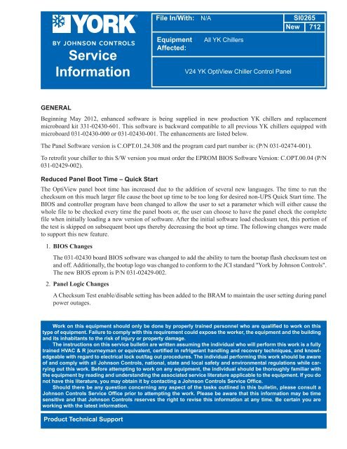 YK V24 OptiView Chiller Control Panel (SI0265) - Johnson Controls