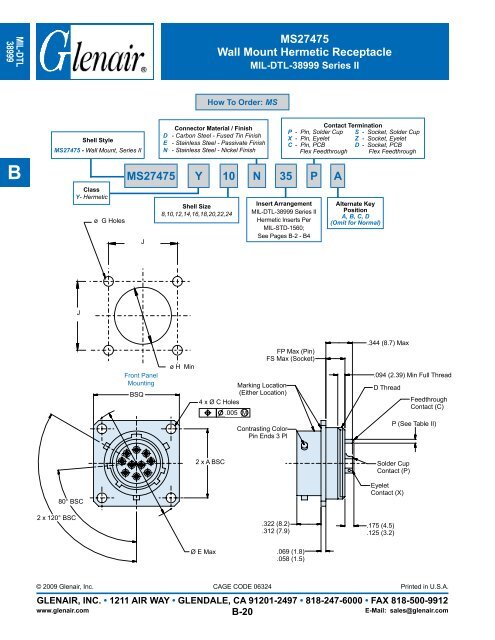 MS27475 Wall Mount Hermetic Receptacle MS27475 Y 10 N 35 P A