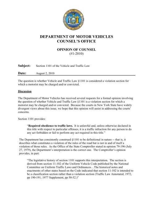 Section 1101 of the Vehicle and Traffic Law - DMV - New York State