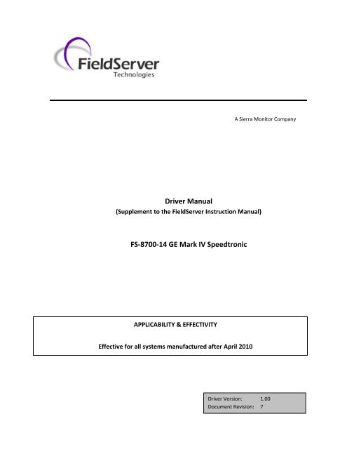 GE Mark IV Speedtronic Manual - FieldServer Technologies